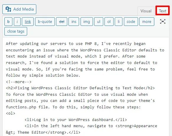Fix: WordPress Classic Editor Defaulting to Text Mode PHP 8